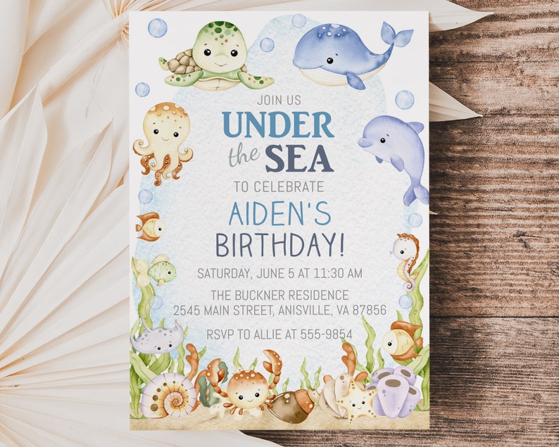 Ocean Birthday Invitation Template, Ocean Animals, Boy, Blue, Editable ...