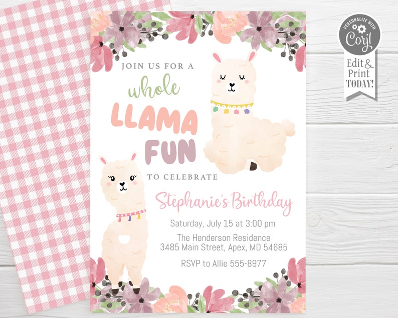 Llama Girl Flowers Birthday Invitation Template, Whole Llama Fun ...