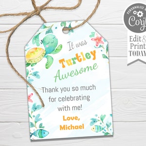 Turtle Favor Tags Template, Editable, Cute Turtle Birthday Hang Tag ...