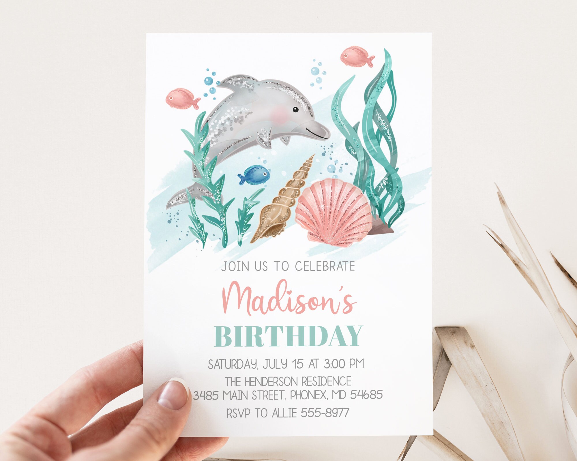 Dolphin Birthday Invitation Template: Editable Girl Ocean Party ...
