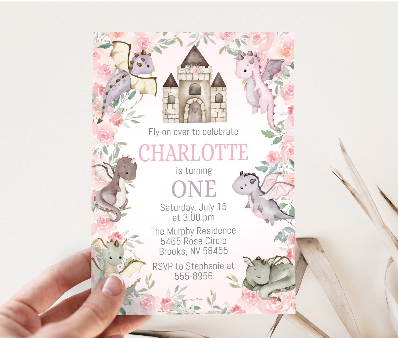 Girl Dragon Birthday Invitation Template, Flowers First Birthday Cute ...