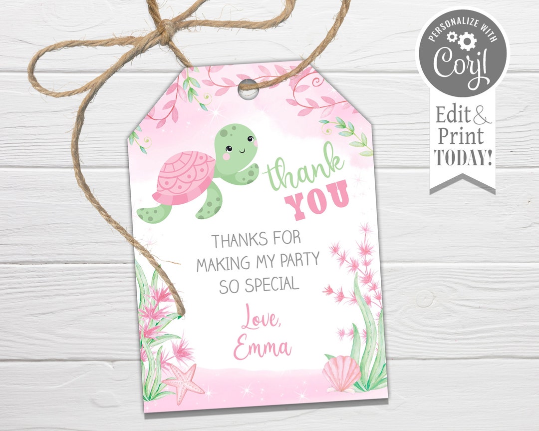 Turtle Favor Tags Template, Editable, Girl Pink Cute Birthday Hang Tag ...