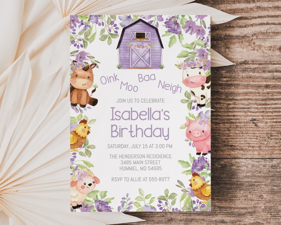 Farm Birthday Invitation, girl, flowers, editable, farm animals ...