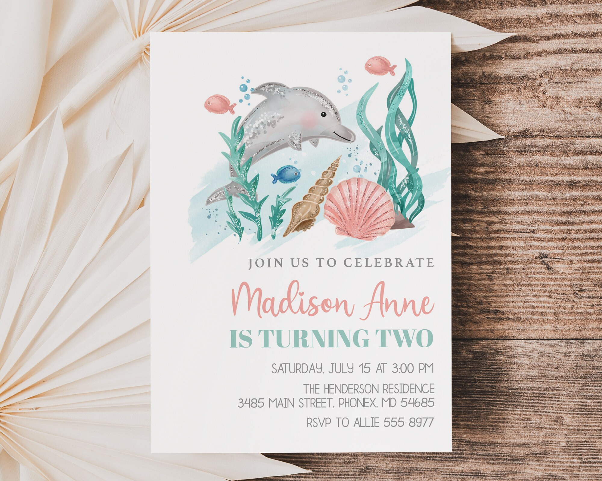 Dolphin Birthday Invitation Template, Editable, Girl Dolphin Invitation ...