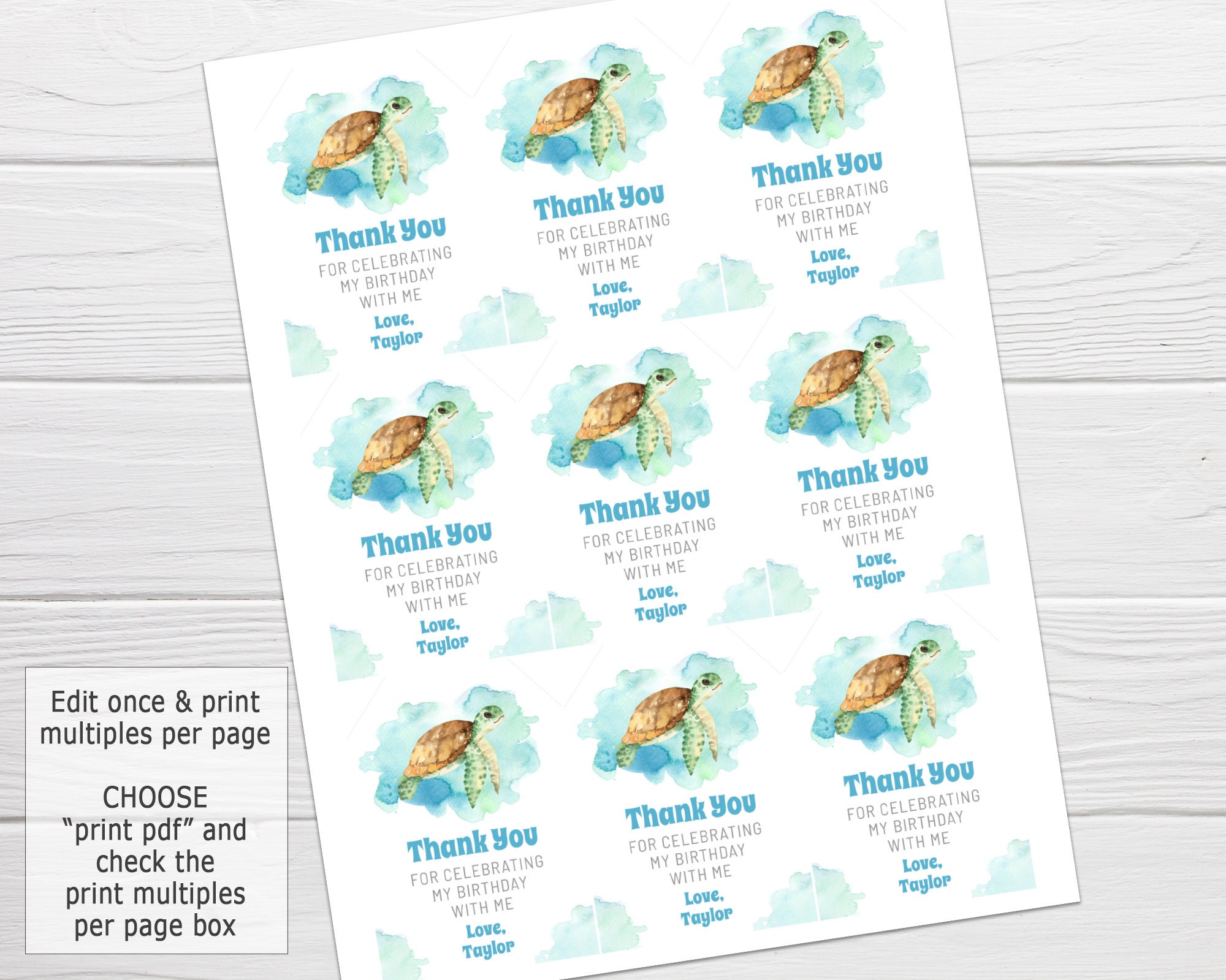 Turtle Favor Tags Template, Editable, Cute Turtle Birthday Hang Tag ...