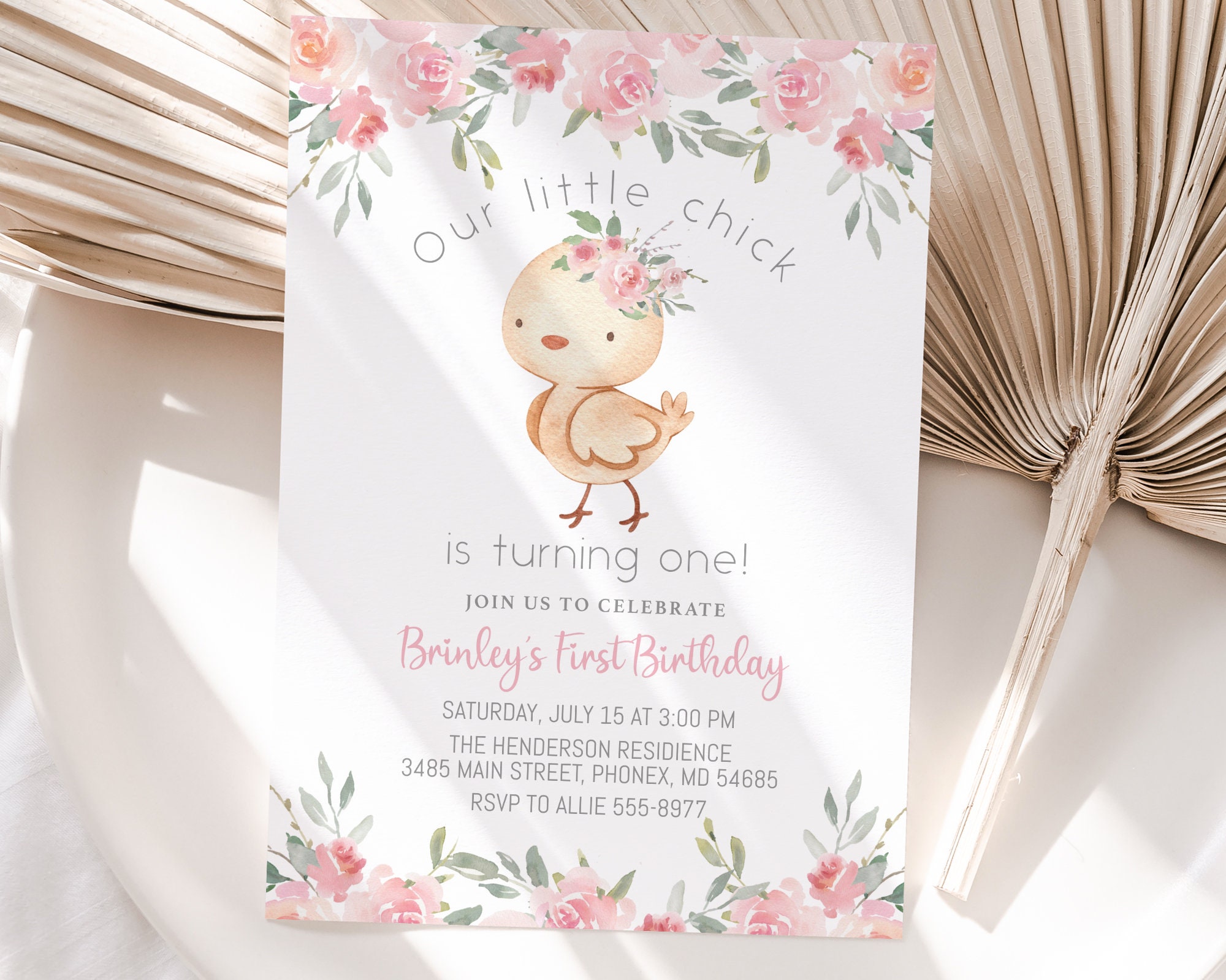 Little Chick Birthday Invitation Template, Baby Chicken With Flowers ...