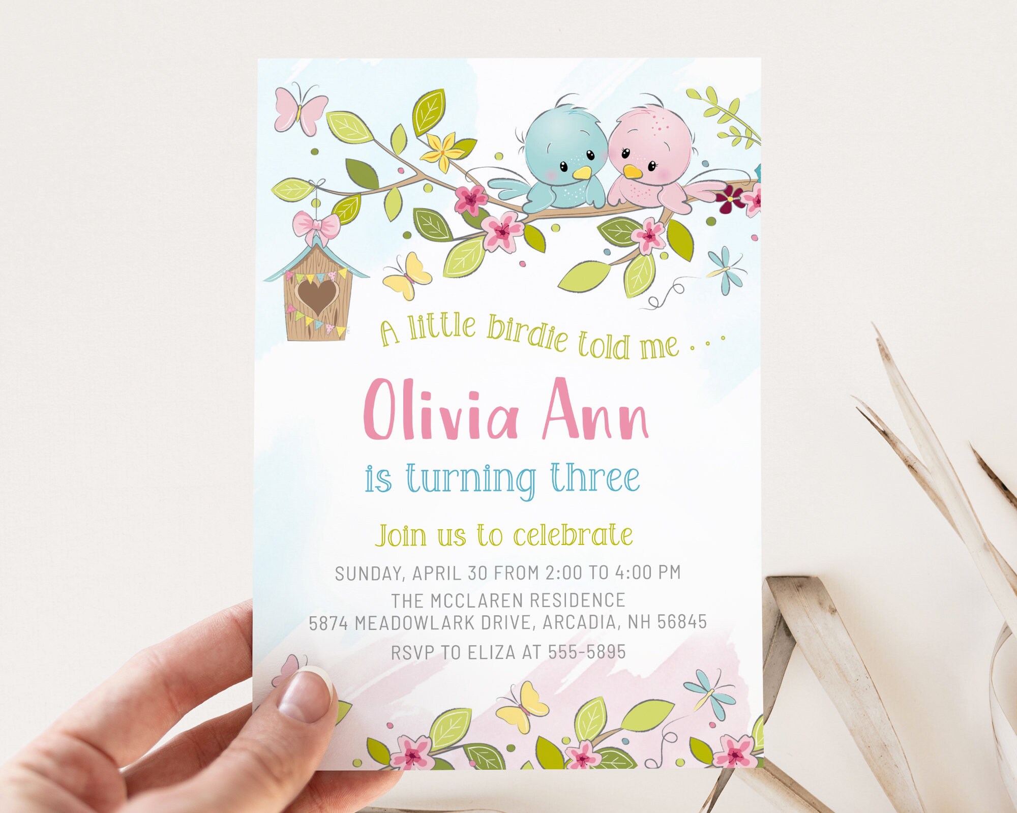 Bird Birthday Invitation Template, Editable, Turning Three, Third ...