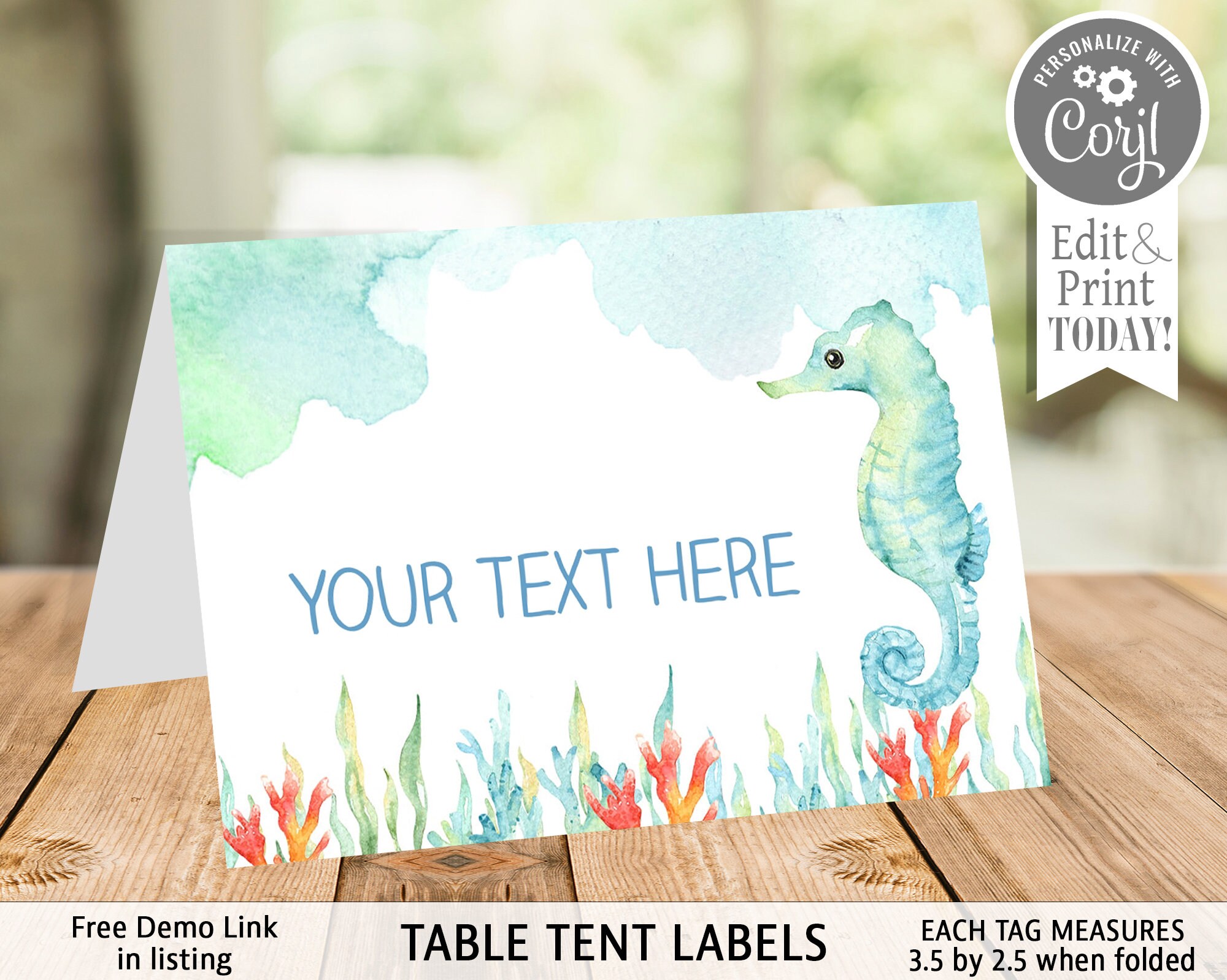 Ocean Animals Table Tent Label, Pink, Turtle, Whale, Seahorse, Fish ...