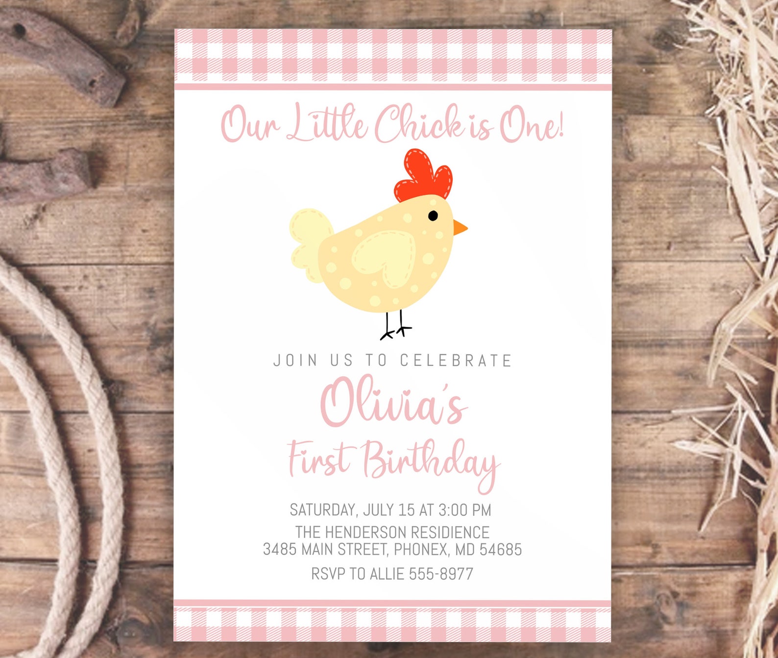 Chicken Birthday Invitation Template in Pink Gingham, Our Little Chick ...