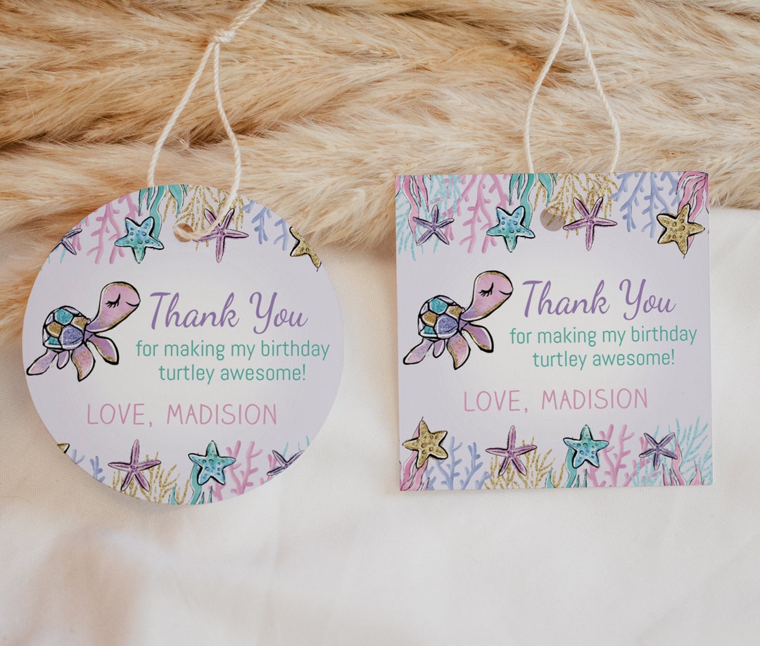 Sea Turtle Favor Tags Template, Editable, 2 Inch Circle and Square ...
