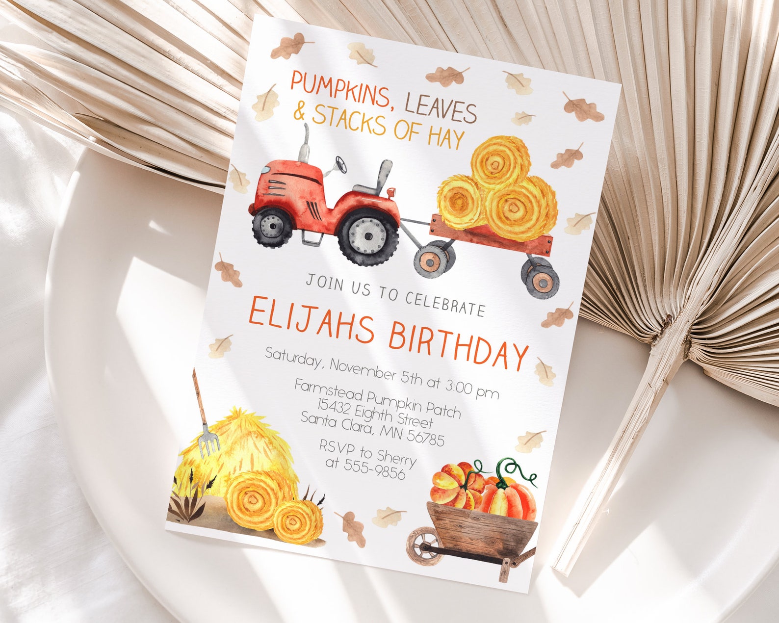 Pumpkins Leaves and Stacks of Hay Birthday Invitation, Editable, Farm ...