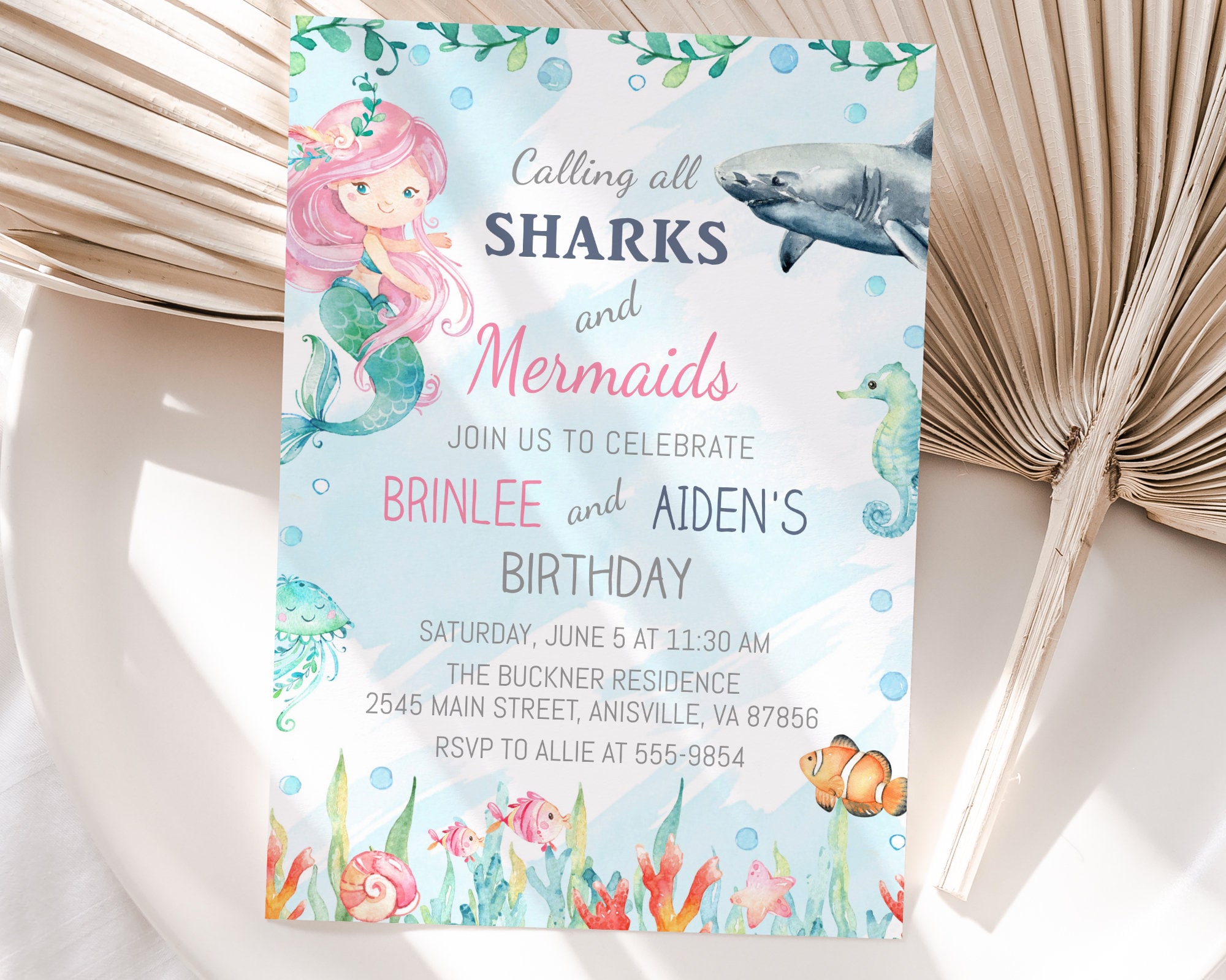 Under the Sea Sharks and Mermaids Birthday Invitation, Editable ...