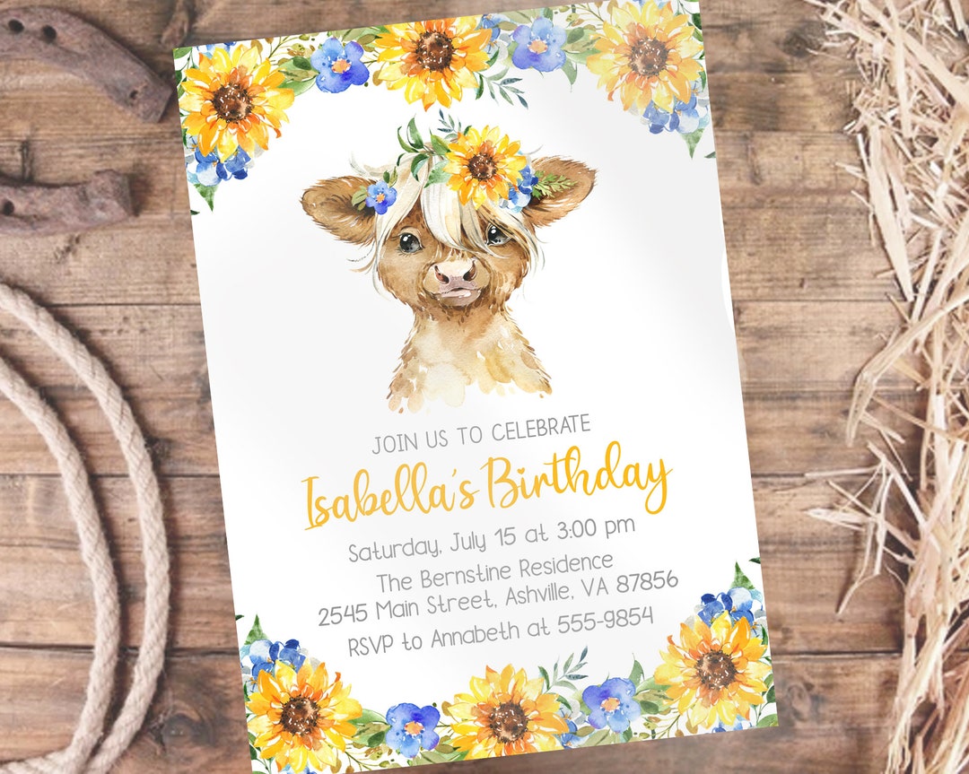 Highland Cow Sunflowers Birthday Invitation Template Editable Cow With ...