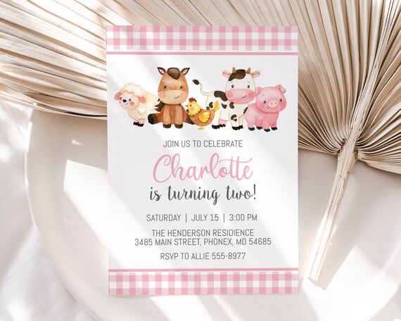 Farm Birthday Invitation, editable, cute farm animals and barn, one two ...