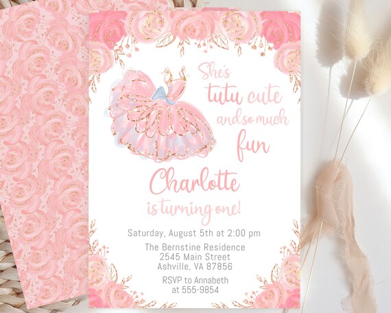 Ballet Tutu Cute Birthday Invitation, editable, turning one birthday ...
