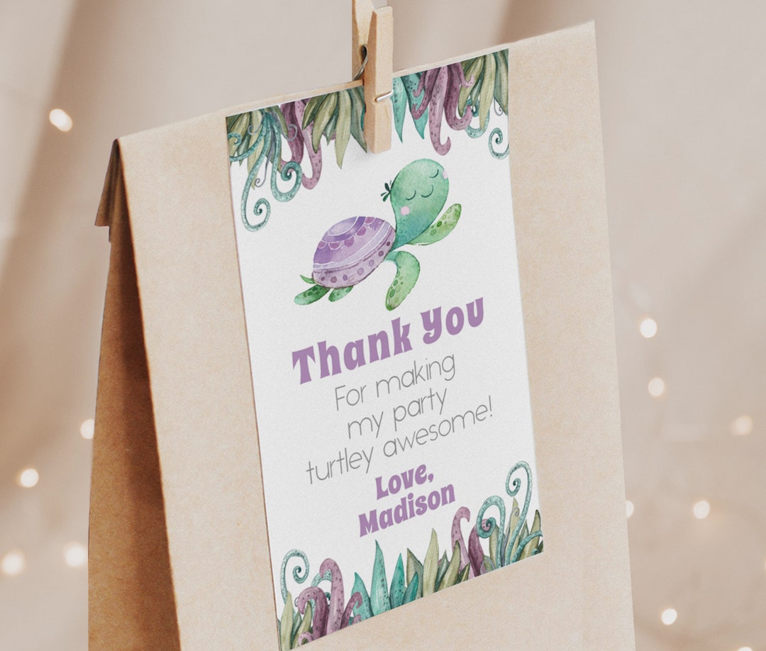 Purple Turtle Favor Tags Template, Editable, Digital You-print Hang Tag ...