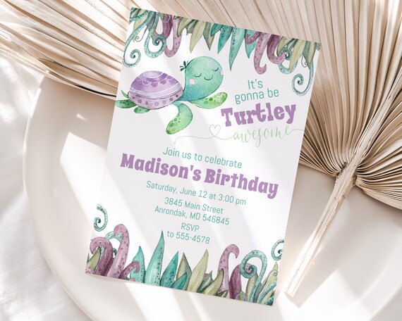 Turtley Awesome Birthday Invitation, editable, Turtle Invitation, ocean ...
