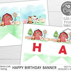 Farm Animals Birthday Banner, Editable Barnyard Happy Birthday Banner ...