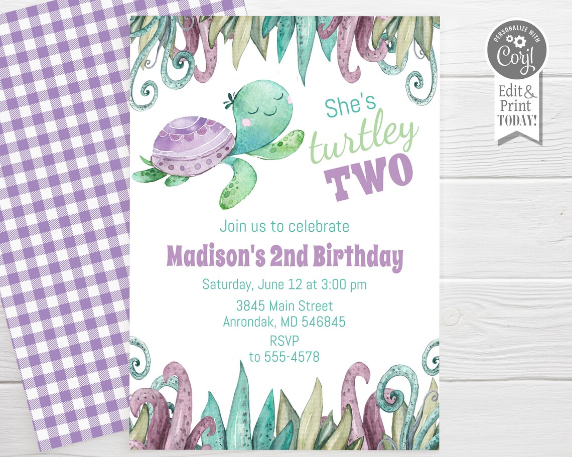 Turtley Two Birthday Invitation Editable Turtle Invitation - Etsy
