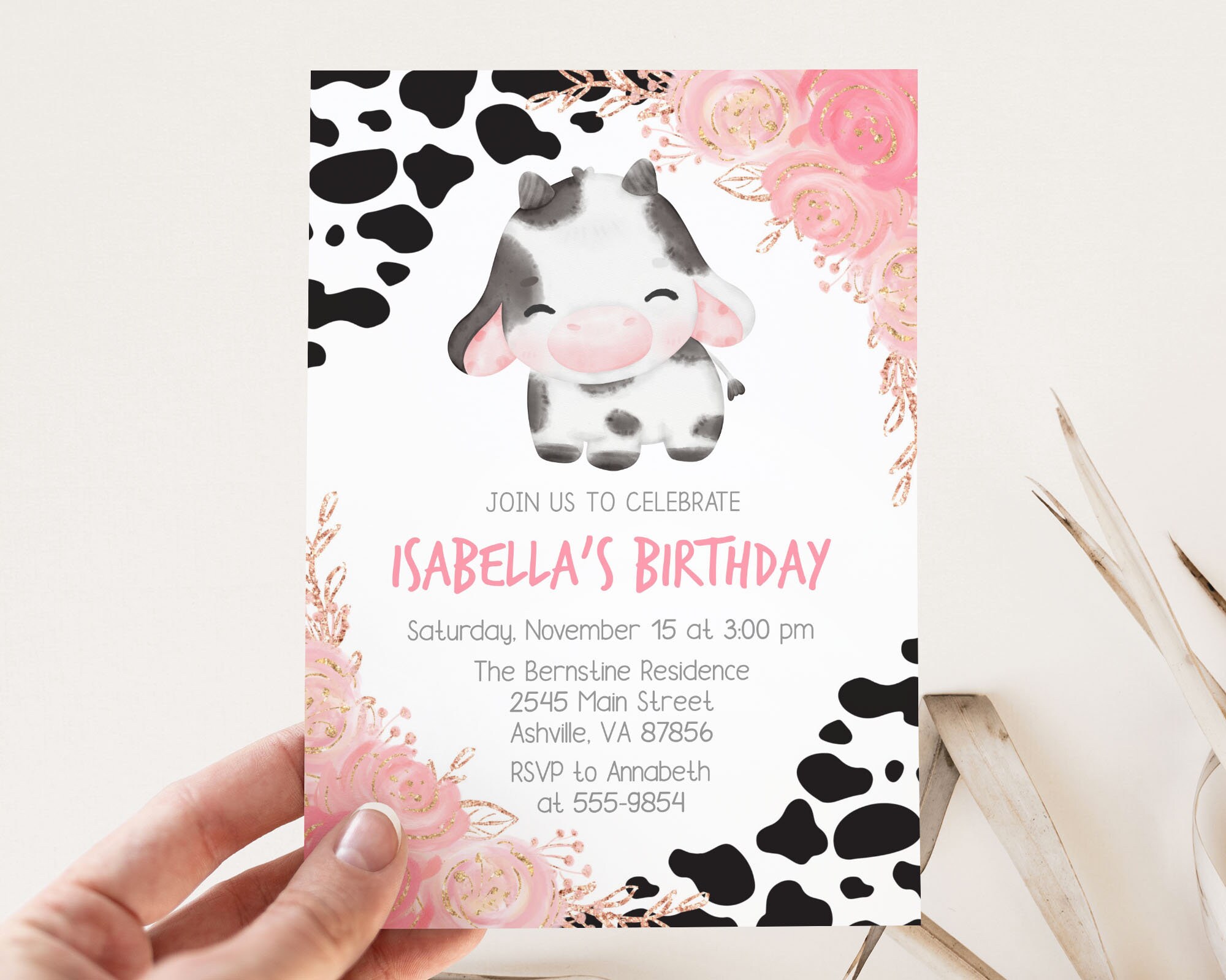 Cow Birthday Invitation Template, Editable Birthday Invitation, Cute ...