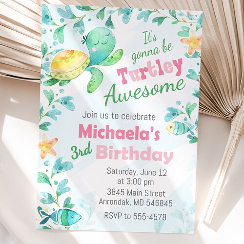 Turtle Birthday Invitation Template Editable Turtley - Etsy