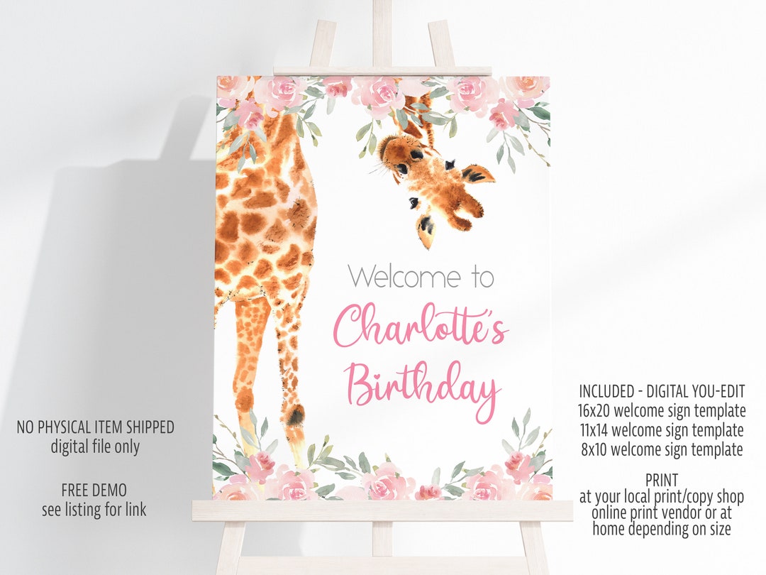 Giraffe Welcome Sign Template in 8x10, 11x14, an 16x20 Inches Pink ...