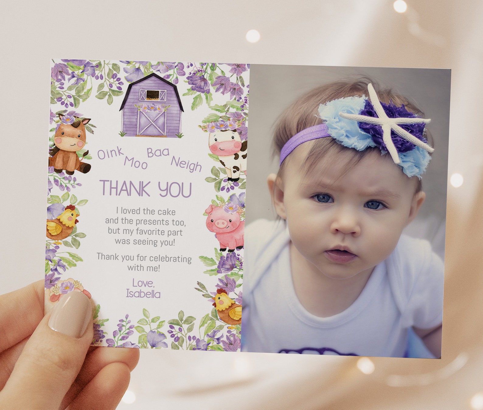 Farm Purple Thank You Note Printable Editable Template Barnyard Party ...