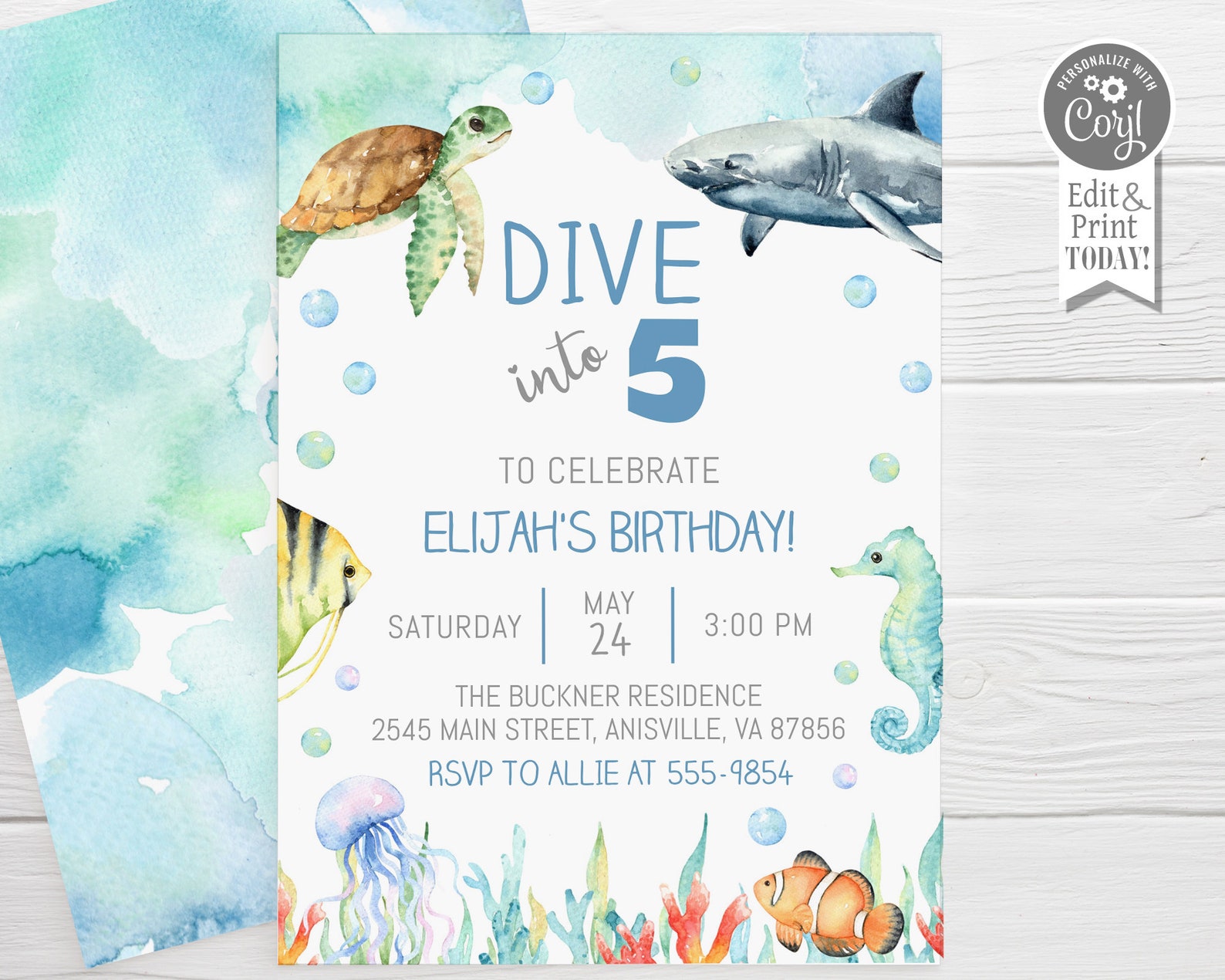 Dive Into Five Birthday Invitation Ocean Animals Girl Blue - Etsy