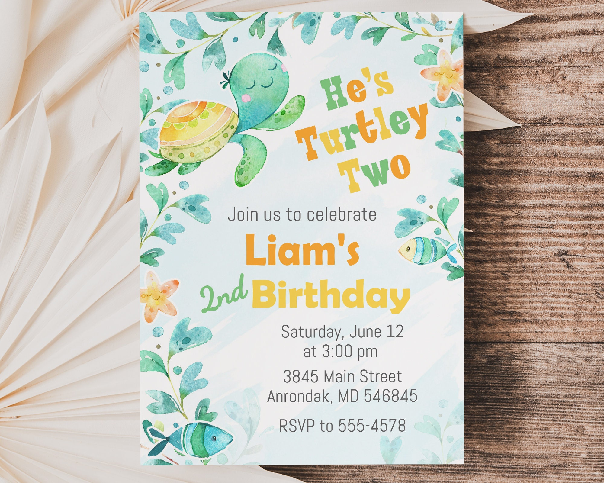 Turtle Birthday Invitation Template, Editable, Turtley Two, Second ...