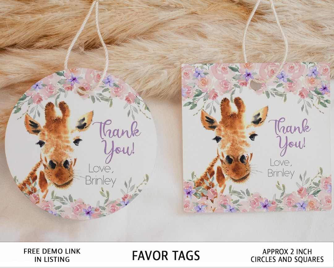 Giraffe Girl Favor Tags, Editable, Pink Purple Flowers, Thank You Tag ...