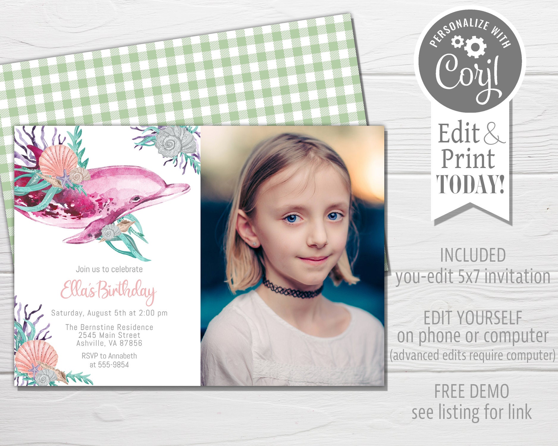 Pink Dolphin Birthday Photo Invitation Template Editable - Etsy
