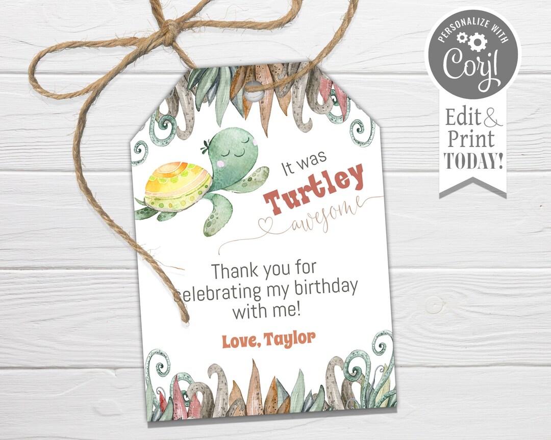 Turtle Favor Tags, Editable, Cute Turtle Birthday Hang Tag, Thank You ...