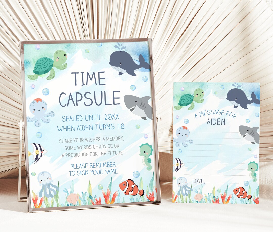 Ocean Time Capsule Set Template, Editable Table Sign and Message Card ...
