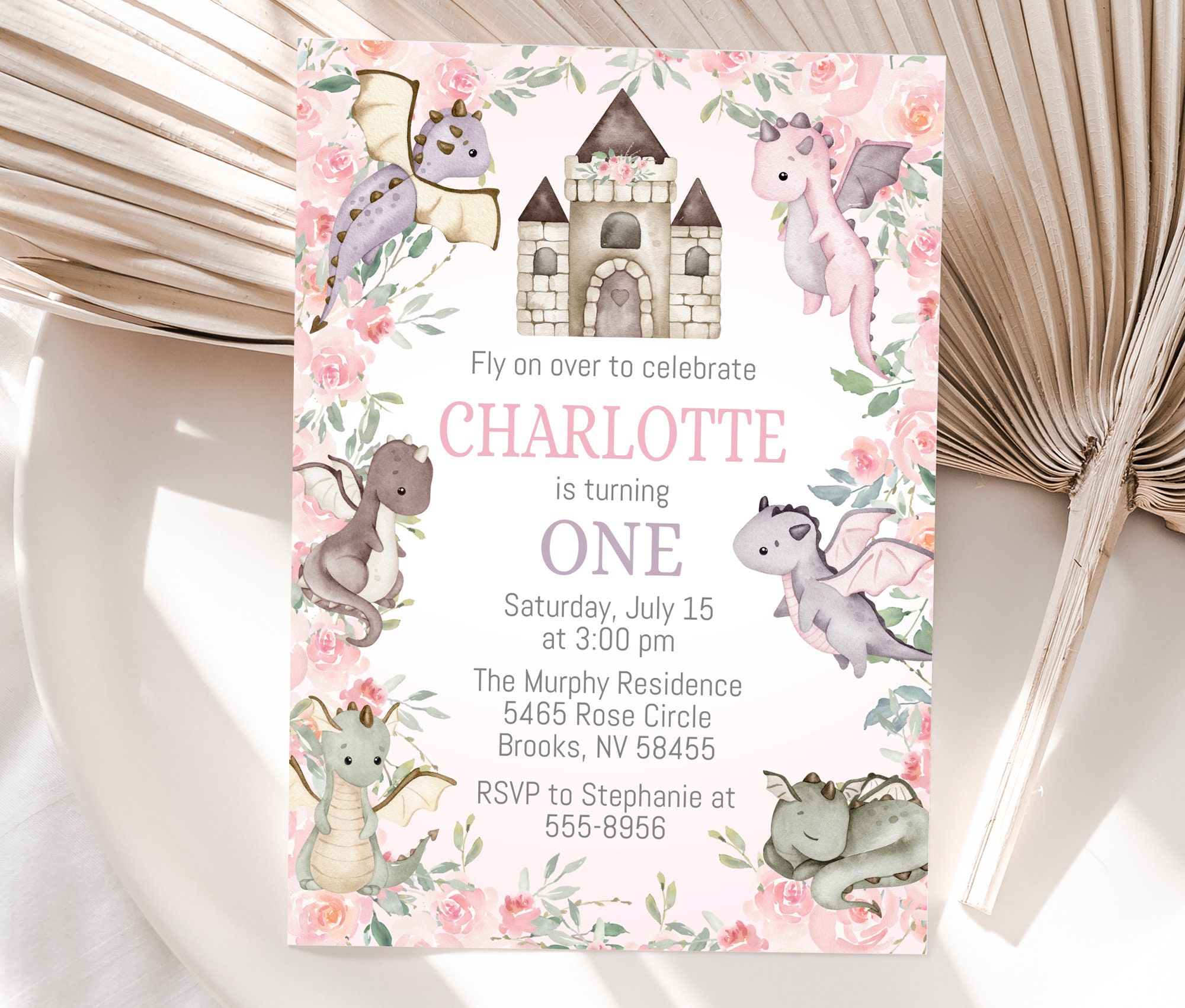 Girl Dragon Birthday Invitation Template, Flowers First Birthday Cute ...