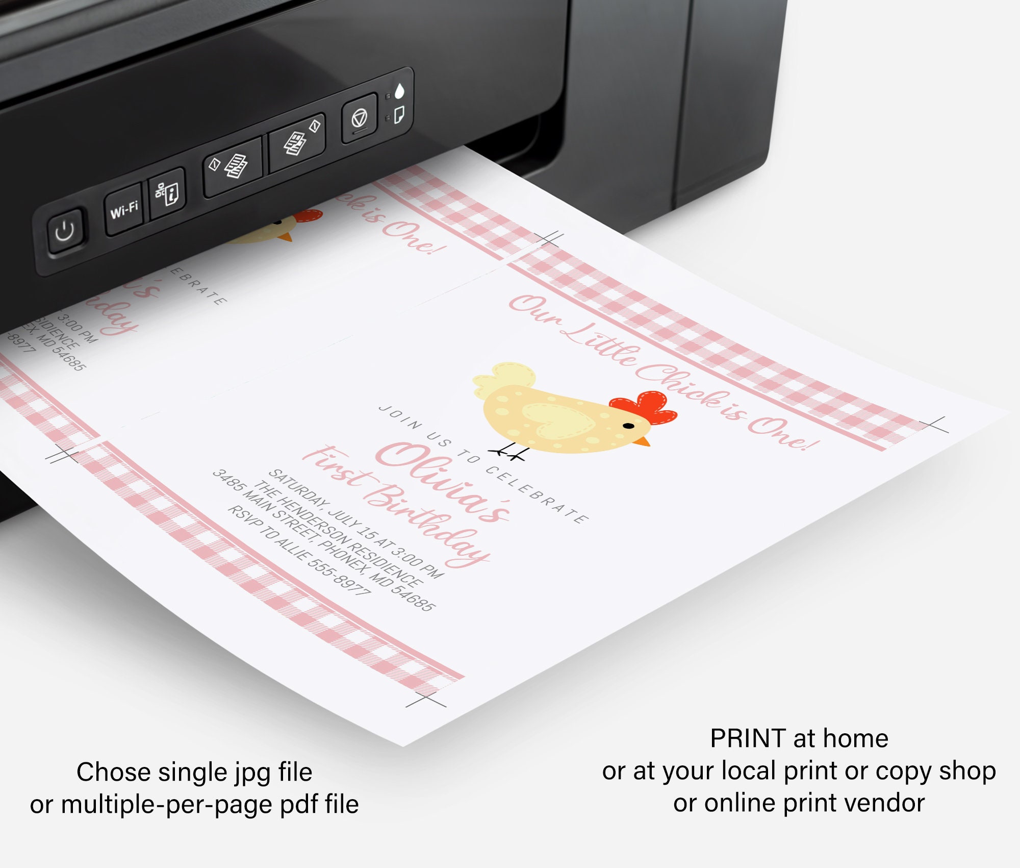Chicken Birthday Invitation Template in Pink Gingham, Our Little Chick ...