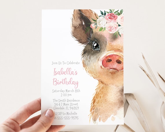 Pig Birthday Invitation Template, editable piglet with flowers ...