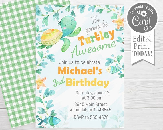 Turtle Birthday Invitation, editable, Turtley Awesome, Under the Sea ...