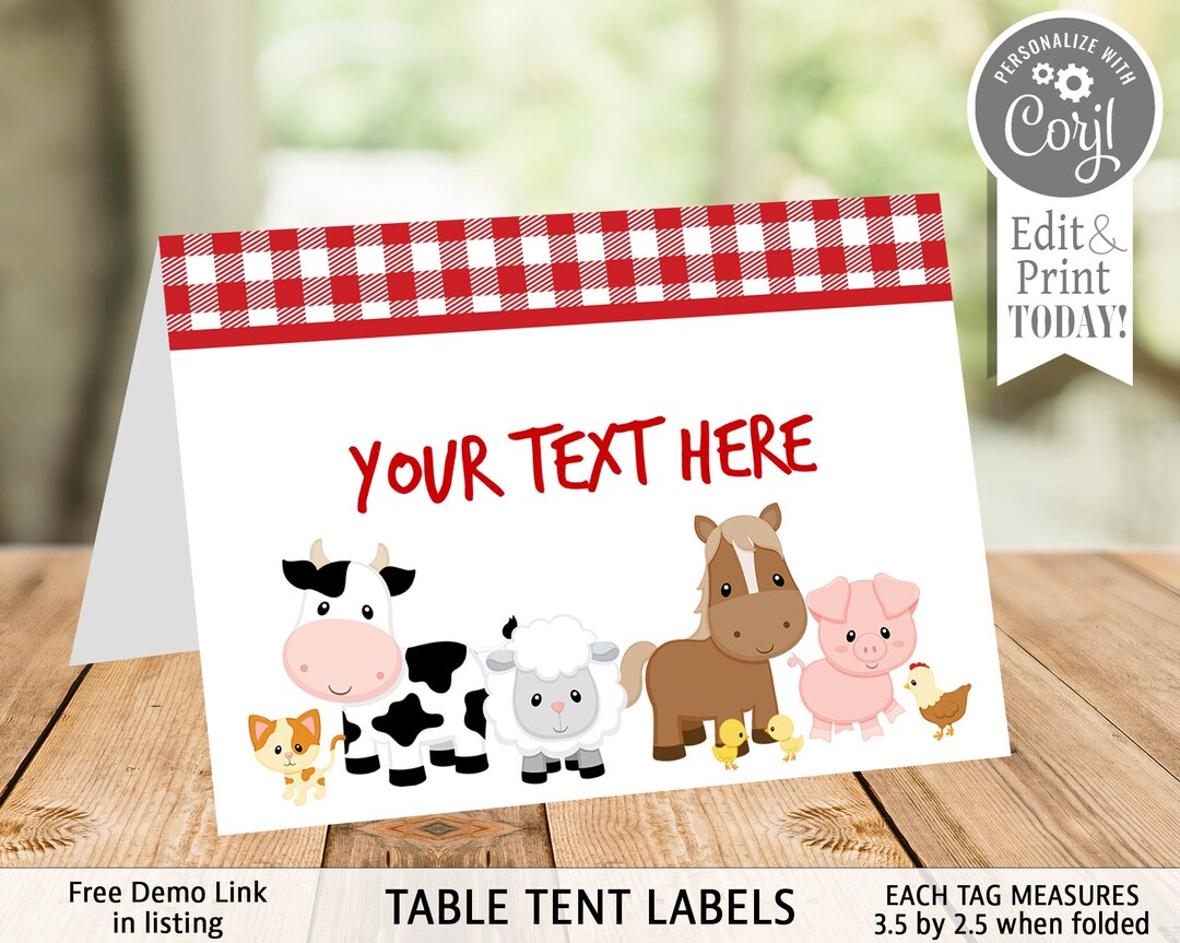 Farm Animals Table Tent Label, Food Label, Red Gingham, Barnyard ...