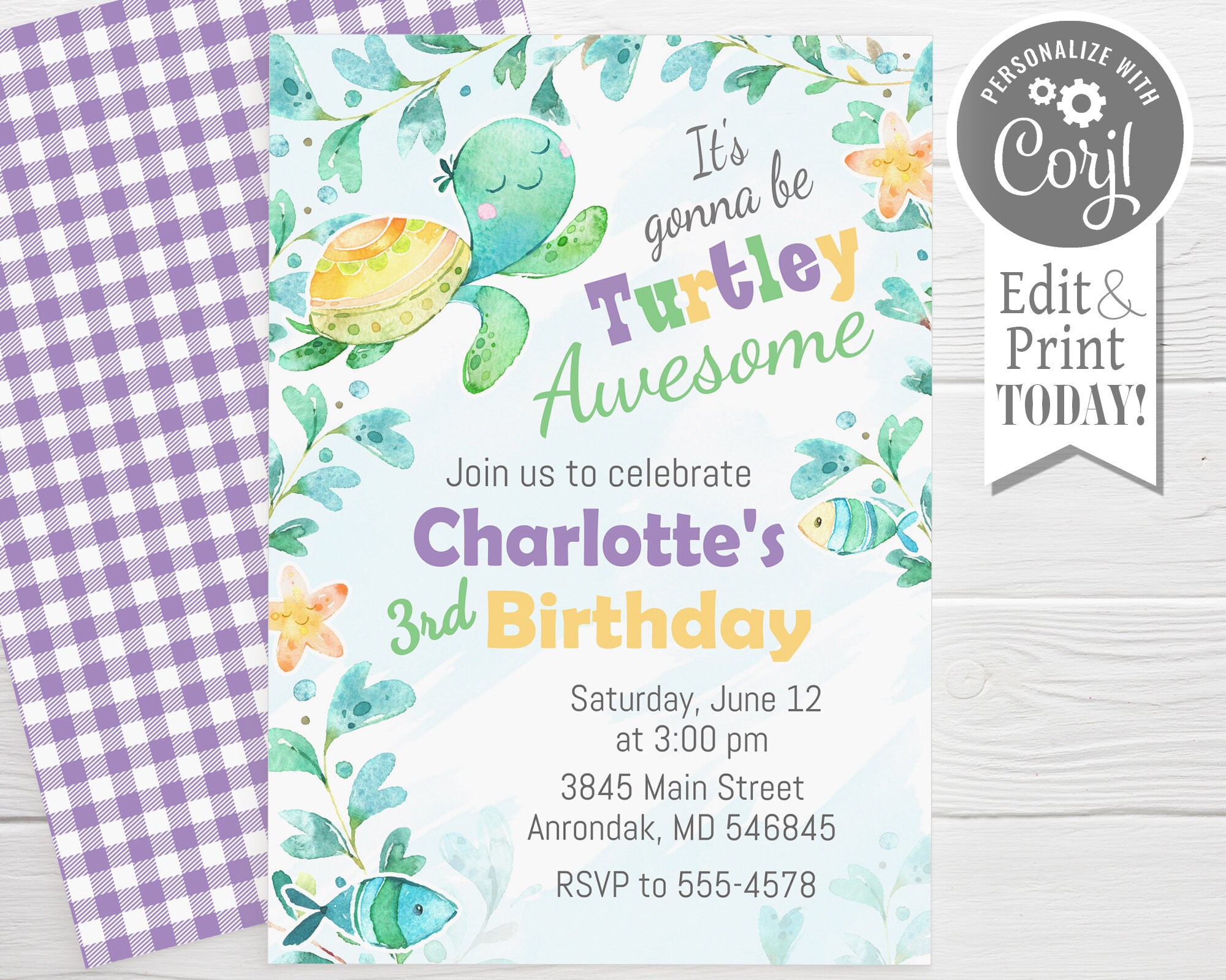Turtle Birthday Invitation, Editable, Turtley Awesome, Under the Sea ...