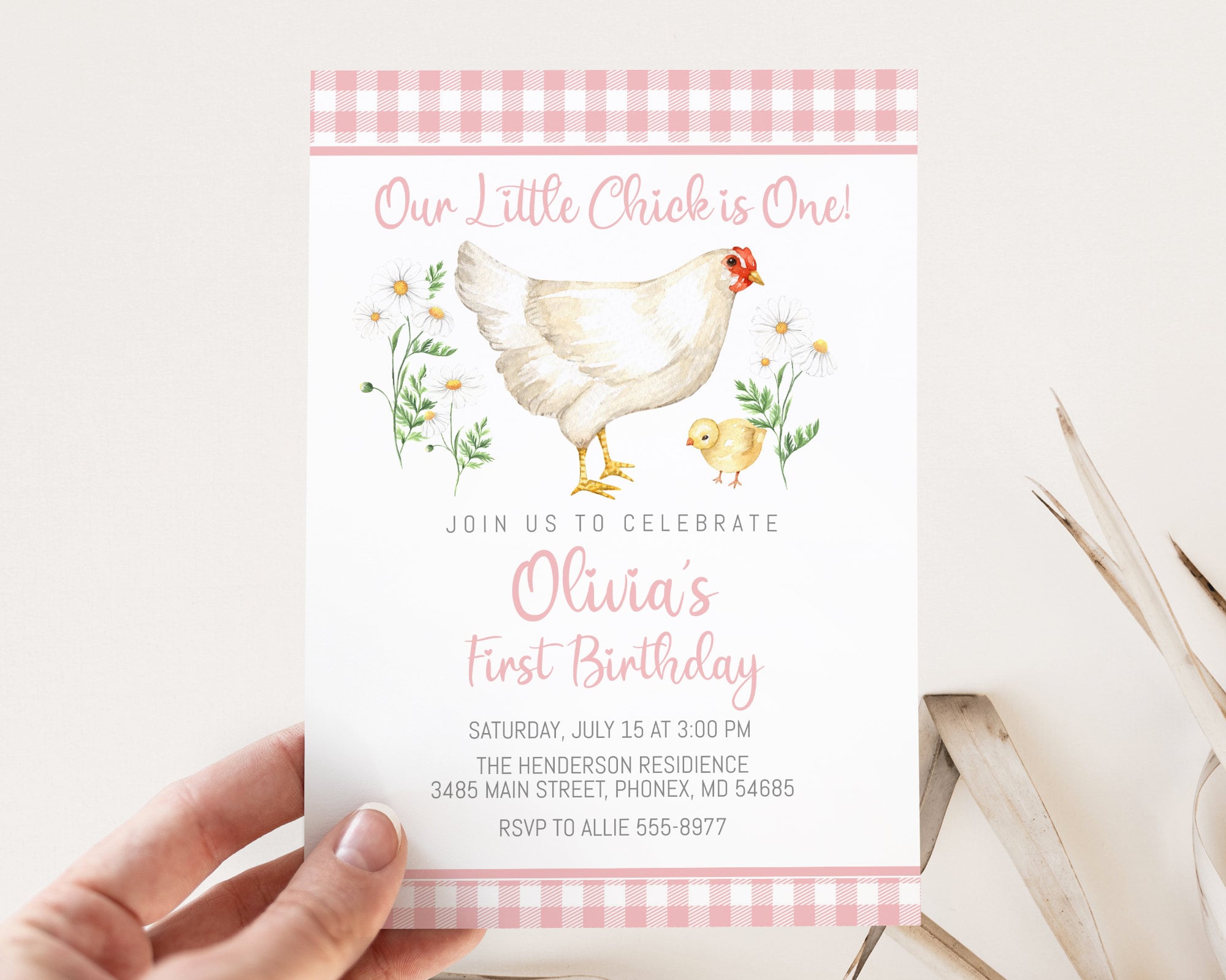 Chicken Birthday Invitation Template in Pink Gingham, Daisy Flowers ...