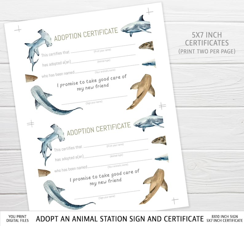 Adopt a Shark Party Activity Set: Editable Certificate & Sign (digital ...