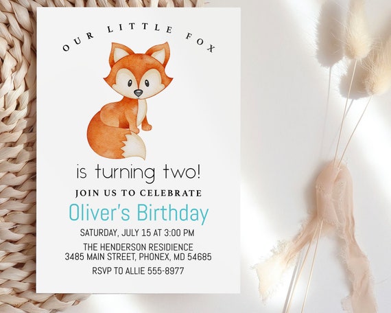 Fox Birthday Invitation Template, Our Little Fox, Woodland Animals ...