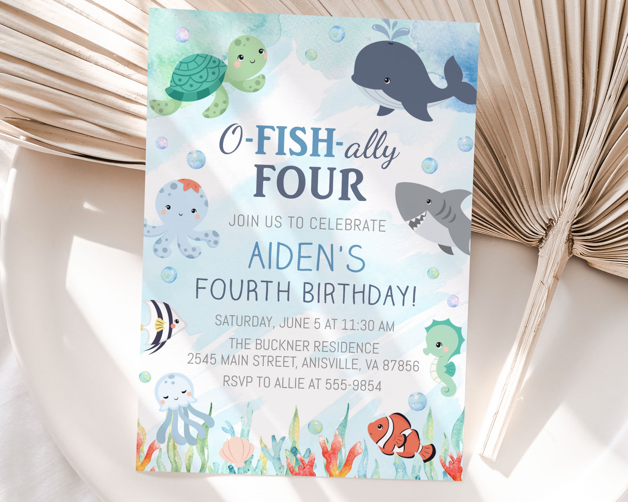 O-fish-ally Four Birthday Invitation: Under the Sea Animals (editable ...