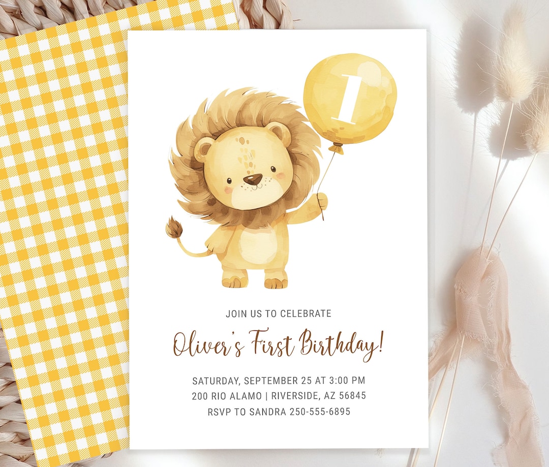 Lion Birthday Invitation for Lion Party, Boy Cute Lion First Birthday ...