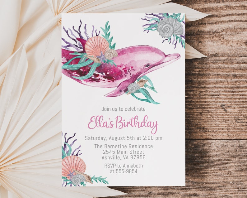 Dolphin Birthday Invitation, Sea Shells, Pink, Editable, Under the Sea ...