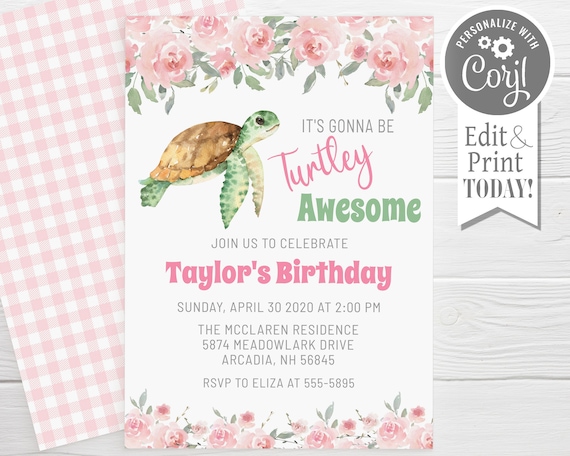 Turtle Birthday Invitation, editable, Turtley Awesome, Under the Sea ...