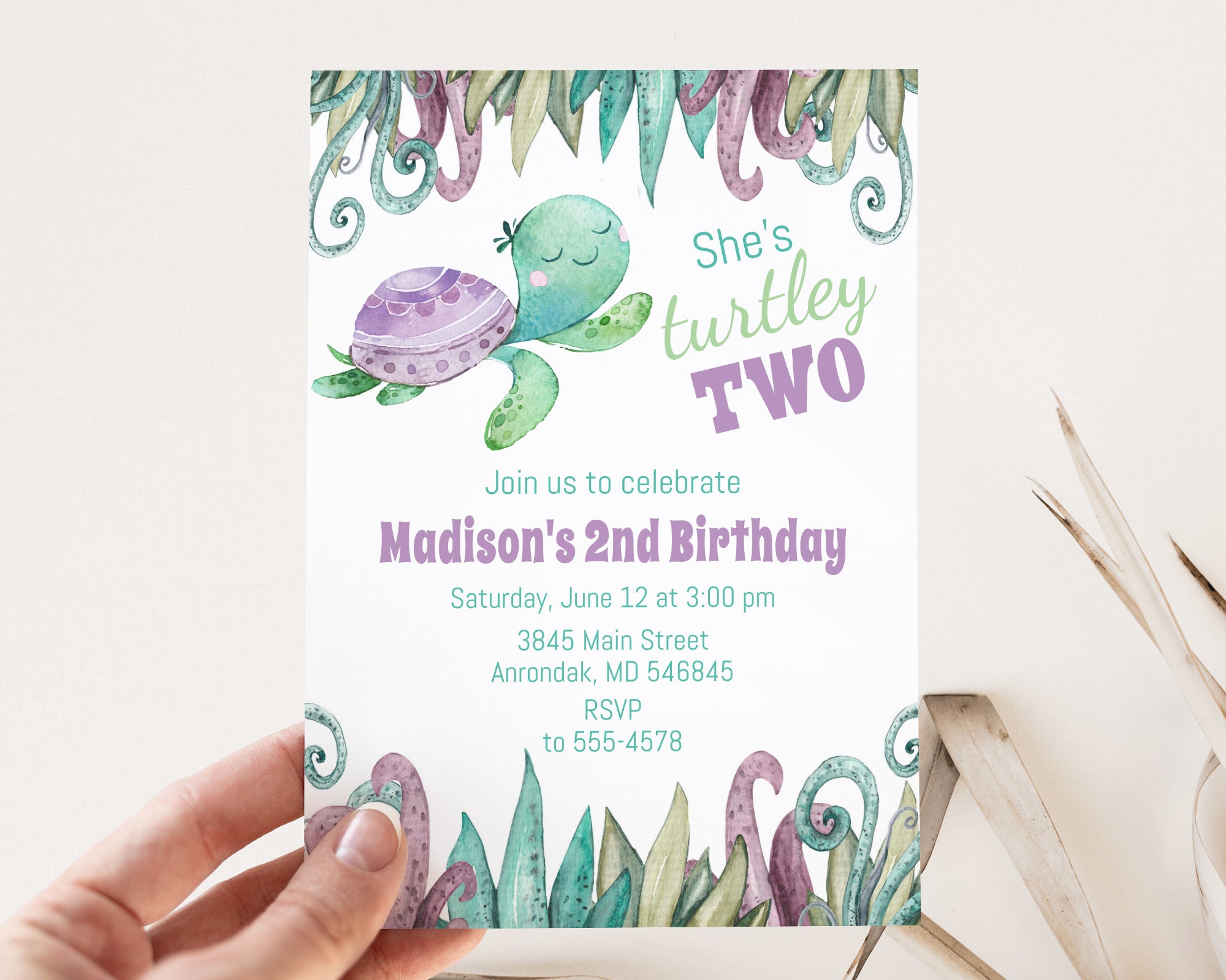 Turtley Two Birthday Invitation Editable Turtle Invitation - Etsy