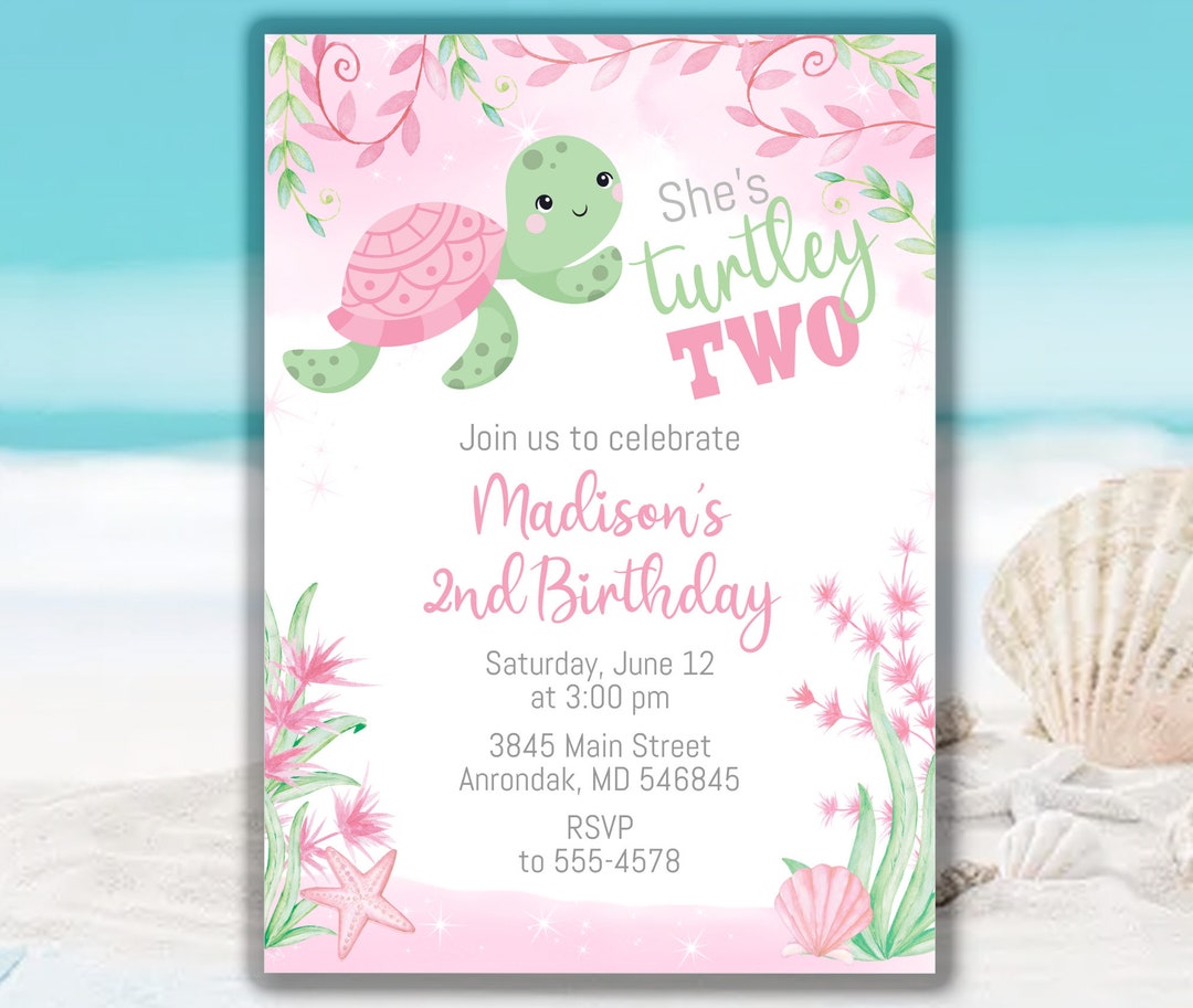 Turtle Second Birthday Invitation Template, Pink Ocean Theme (digital ...