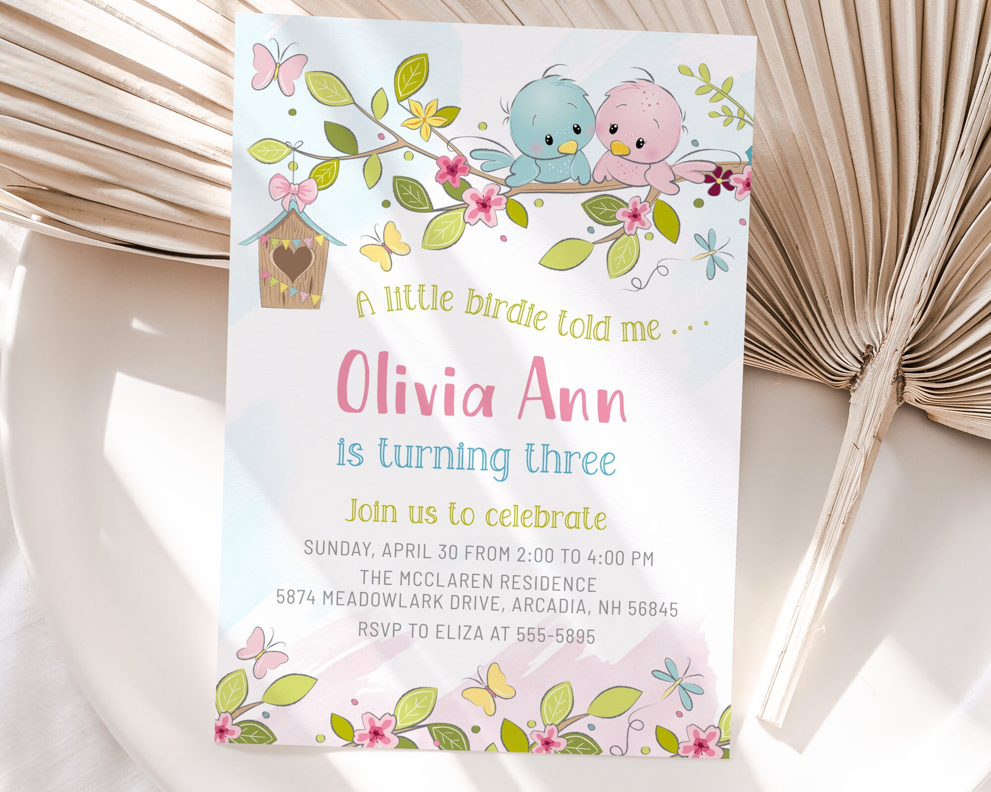 Bird Birthday Invitation Template, Editable, Turning Three, Third ...