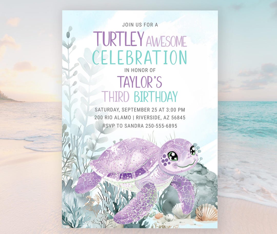 Turtle Birthday Invitation Template Editable, Purple Turtley Awesome ...